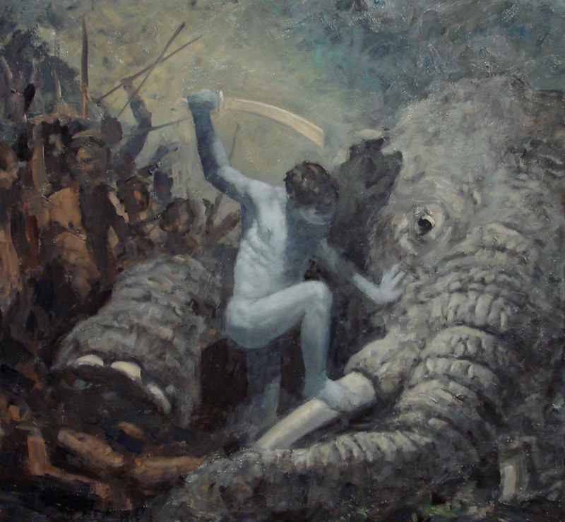 Krishna kills Kuvalayapida #2, 11" x 14", 2009, oil on panel - David Caton