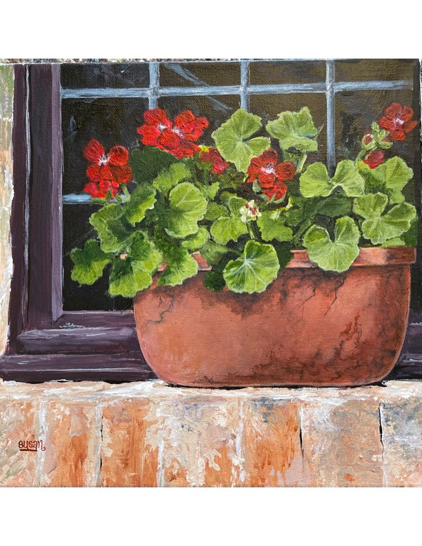 Red Geraniums in a clay pot - Susan Hohwiesner - Artist