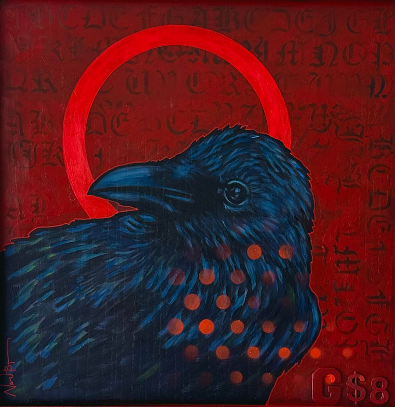 They are Just Ravens (red) 19.5x19.5" - Nocona Burgess - Comanche Artist